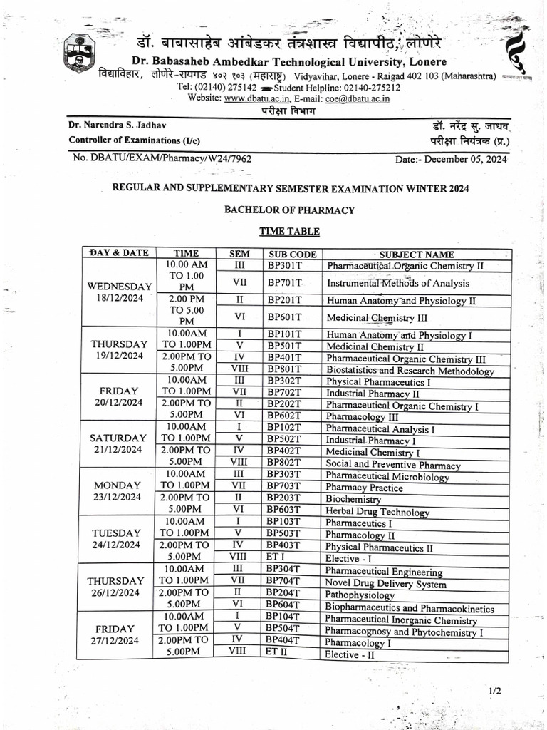 Time Table - Pharmacy Winter 2024 | PDF