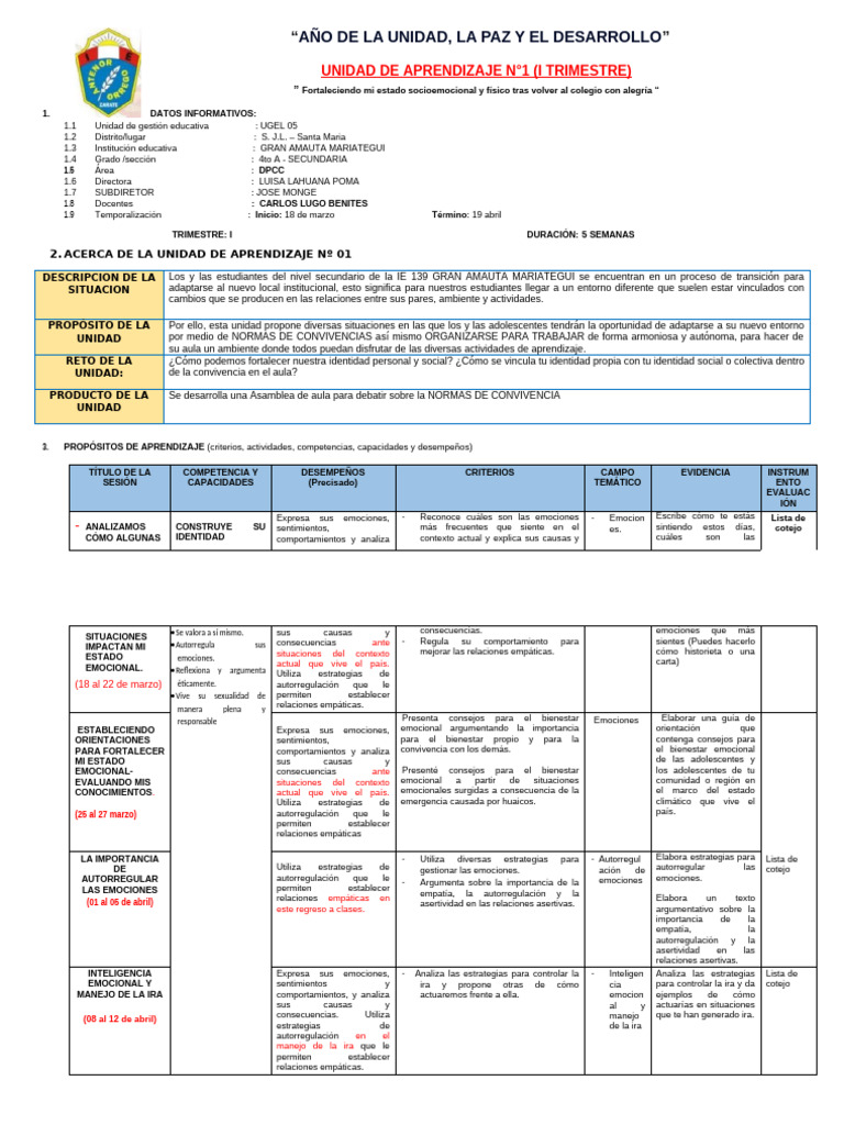 Eda 1. DPCC 4° Sec 2023 | PDF | Las emociones | Evaluación