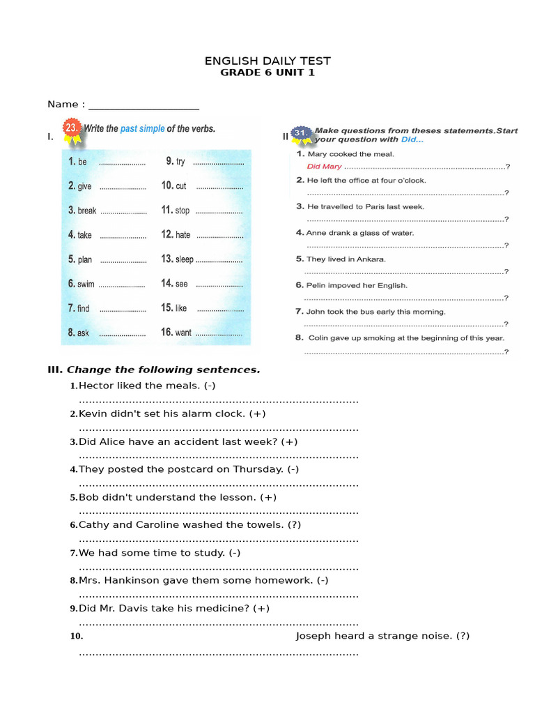 Grade 6 English Daily Test Unit 1 | PDF