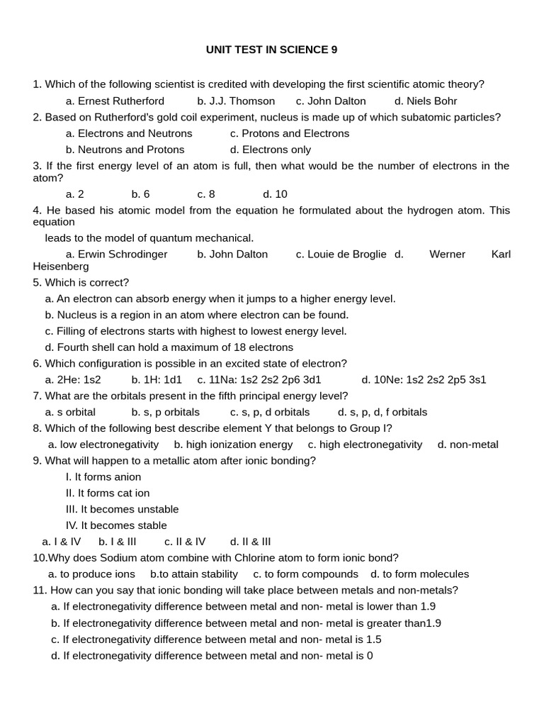 Science 9 Unit Test Questions | PDF | Ion | Ionic Bonding