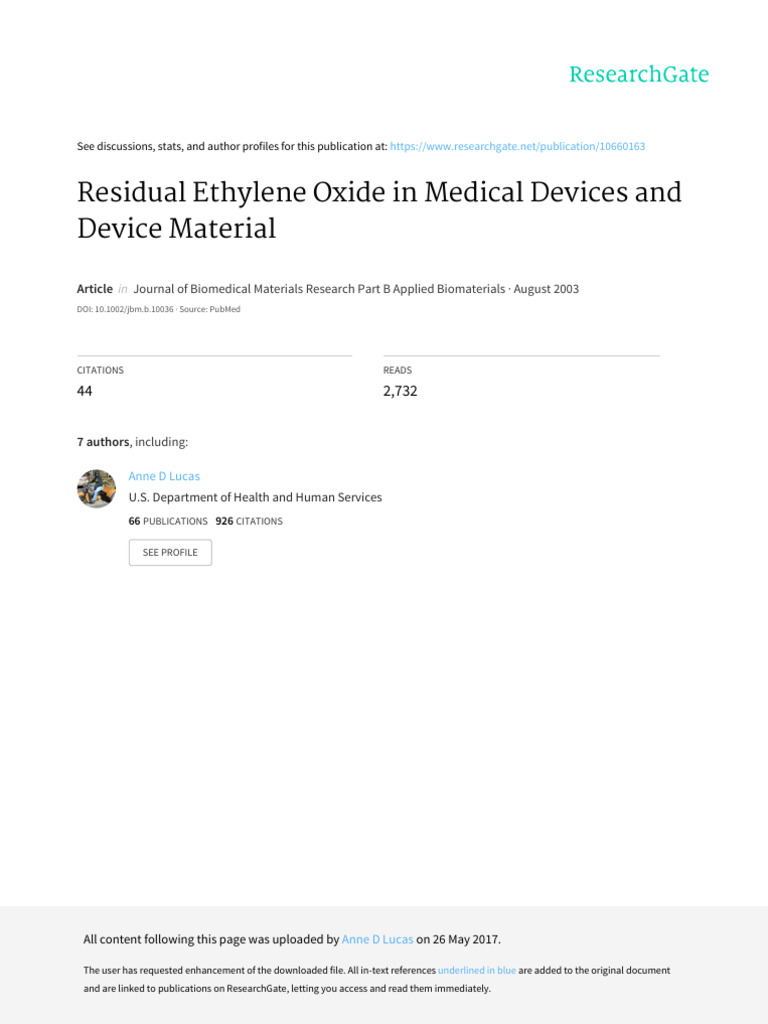 Ethylene Oxide Residues in Medical Devices | PDF | Sterilization ...