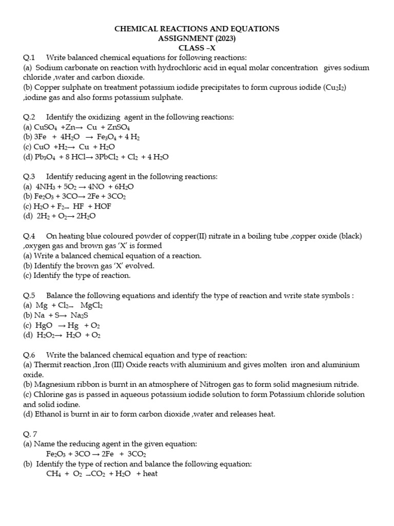 CHEMICAL REACTIONS AND EQUATIONS Assignment (2023-24) | PDF | Chemical ...