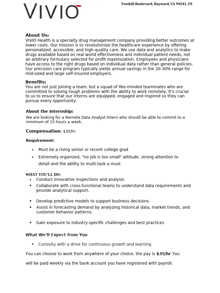 Remote Data Analyst Internship at VIVIO Health | PDF | Analytics ...