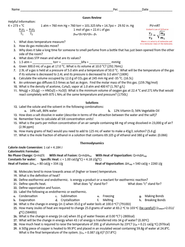Final Study Guide 2 - Gases - Solutions - Thermo Review | PDF | Gases ...