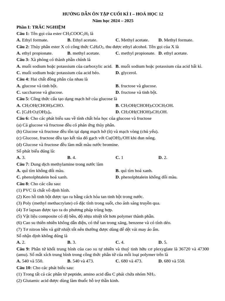 HD ÔN TẬP CKI - Hoá 12 | PDF
