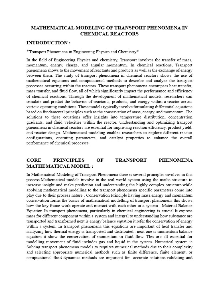 Mathematical Modeling of Transport Phenomena in Chemical Reactors | PDF | Transport Phenomena ...