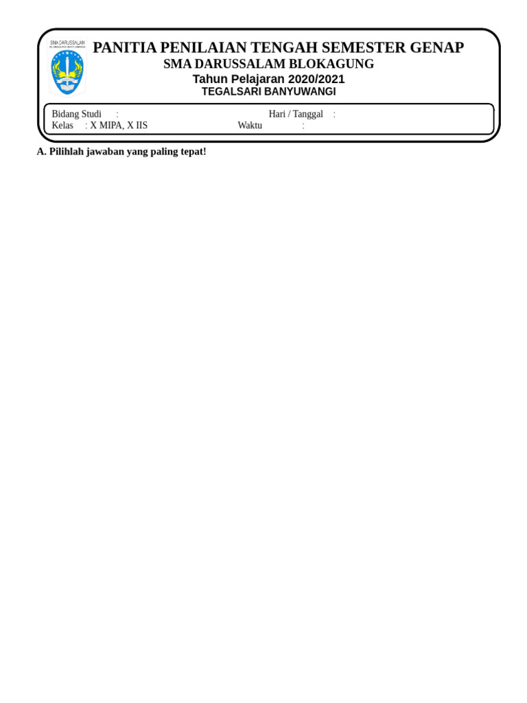 SOAL PTS GENAP KELAS X MIPA DAN X IIS 20-21 | PDF