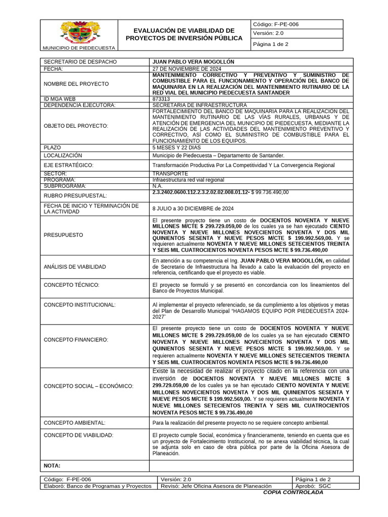 F-PE-006 Viabilidad V1 | PDF | Economias