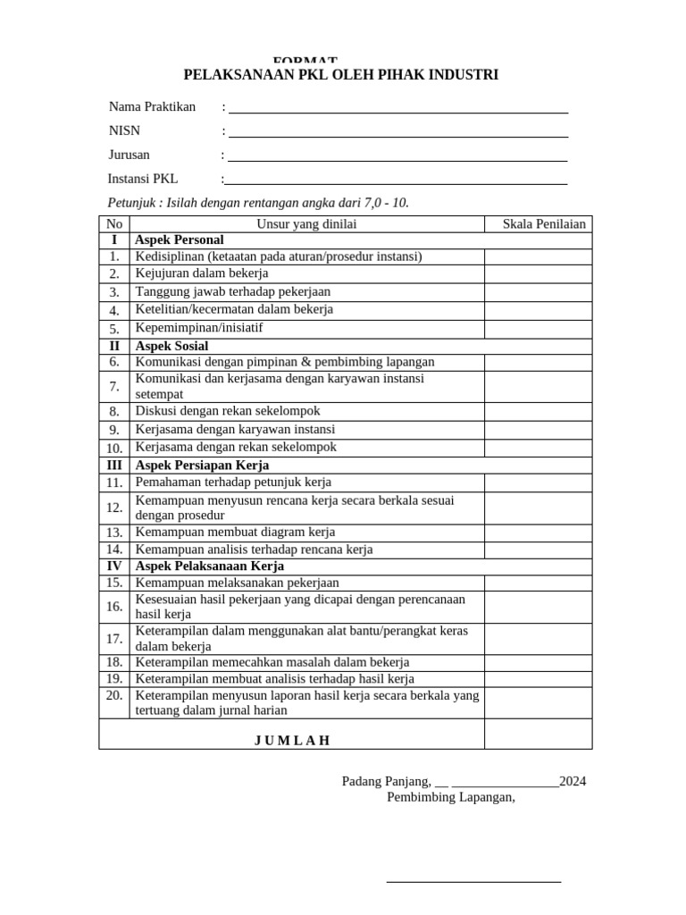 Format Penilaian PKL | PDF