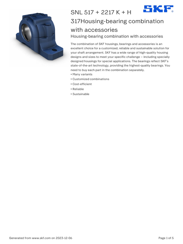 SKF SNL 517 + 2217 K + H 317housing-Bearing Combination With Accessories Specification | PDF ...