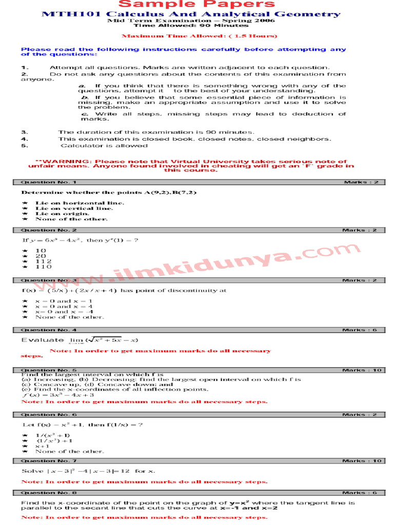 MTH101 Calculus And Analytical Geometry BS Information Technology VU ...
