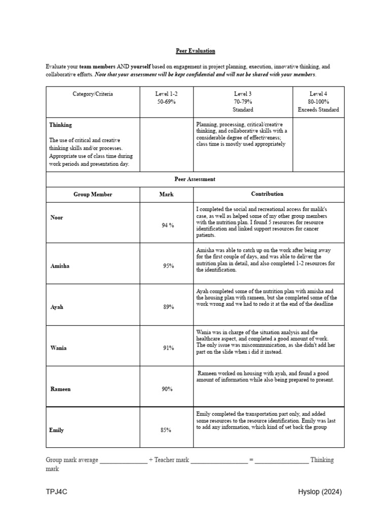 Peer Evaluation | PDF | Health Care