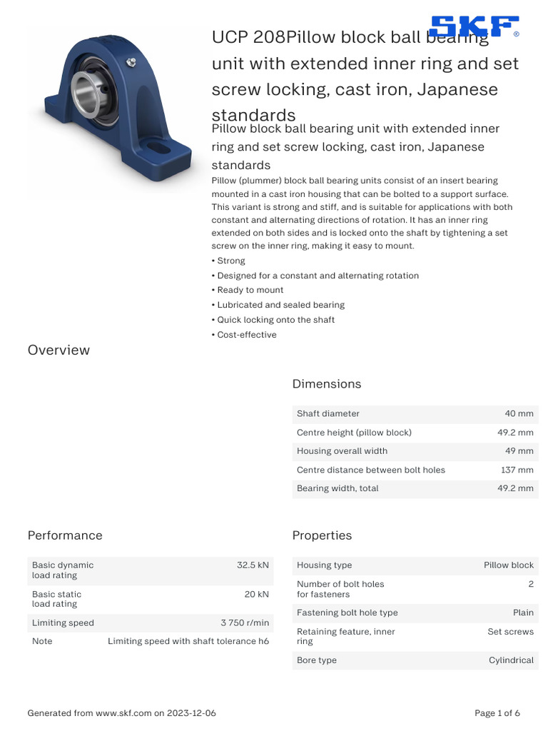 SKF UCP 208Pillow block ball bearing unit with extended inner ring and ...