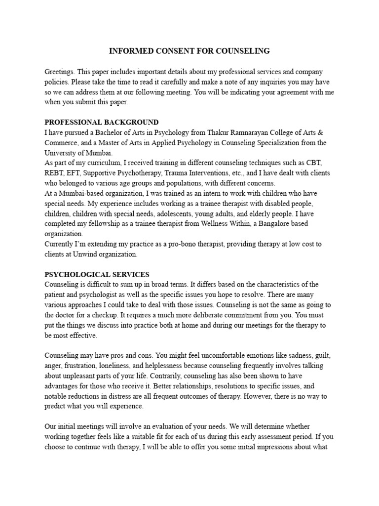 Informed Consent For Counseling Updated | PDF | Psychotherapy ...