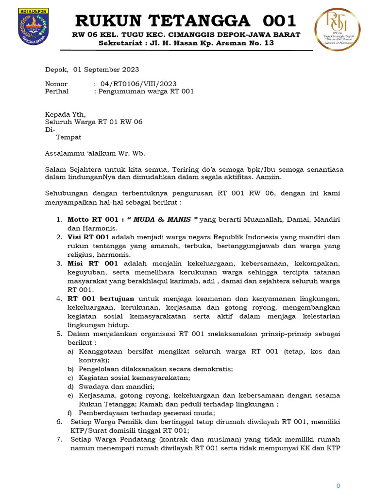 Struktur dan Tugas Pengurus RT 001 | PDF