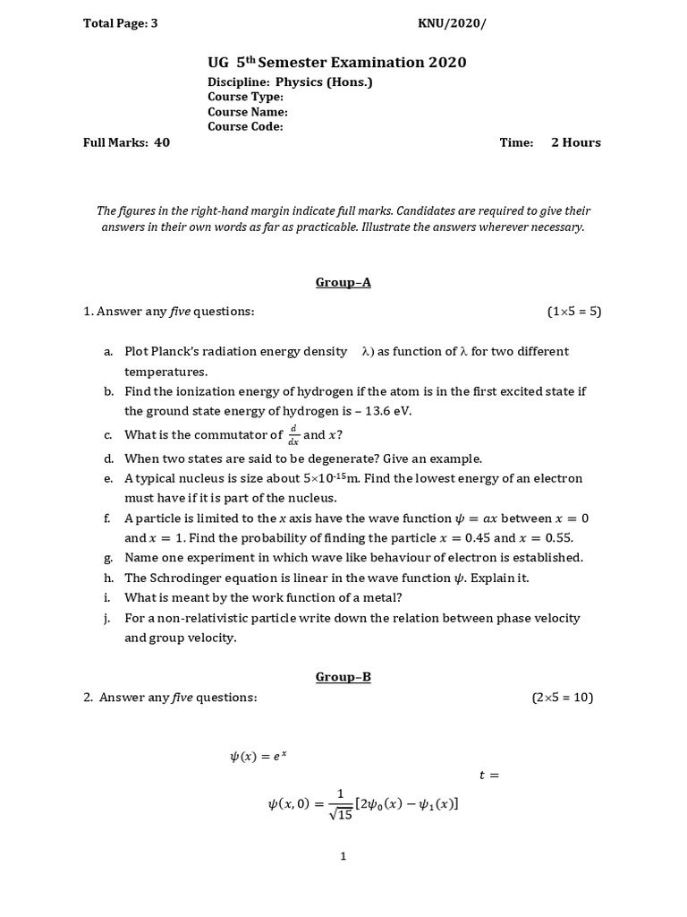 Quantum Mechanics Exam Questions 2020 | PDF | Electron | Photoelectric ...