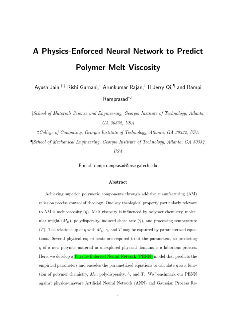 A Physics-Enforced Neural Network To Predict Polymer Melt Viscosity | PDF | Viscosity ...