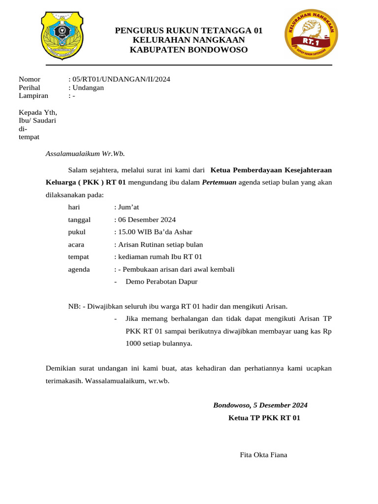 SURAT arisan PKK | PDF