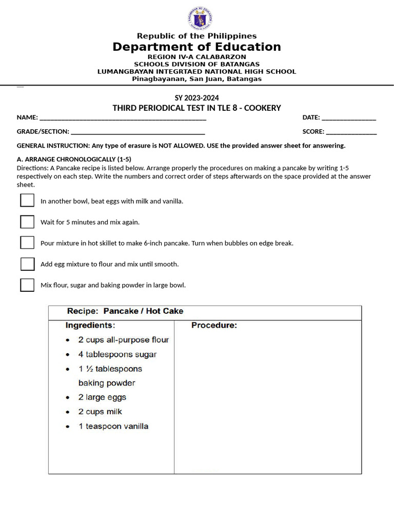 TLE 8 Q3 PT SY 2023-2024 | PDF | Tablespoon | Foods