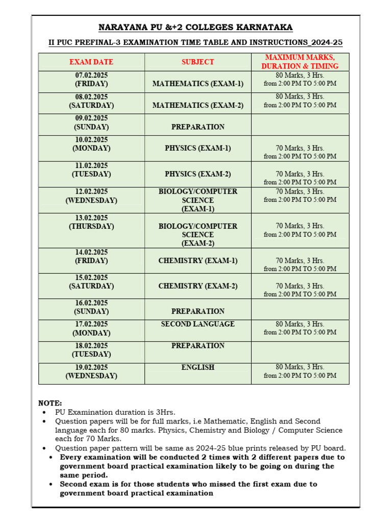 2024-25 II PUC Prefinal Exam Schedule | PDF