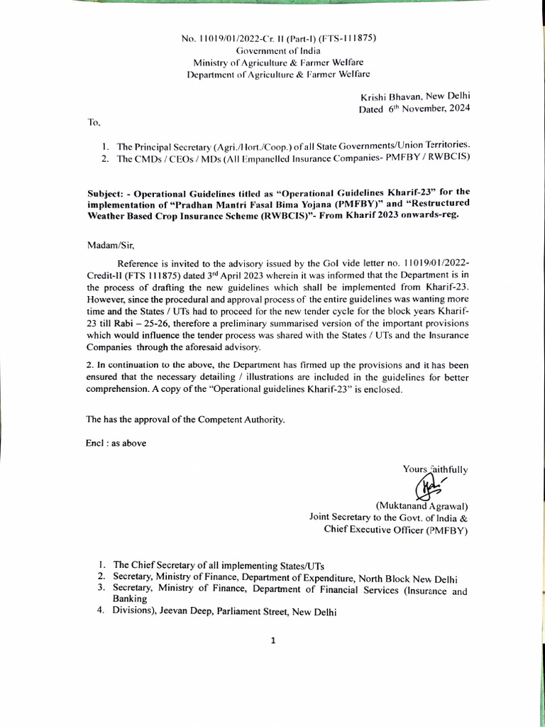 Operational Guidelines Pmfby | PDF