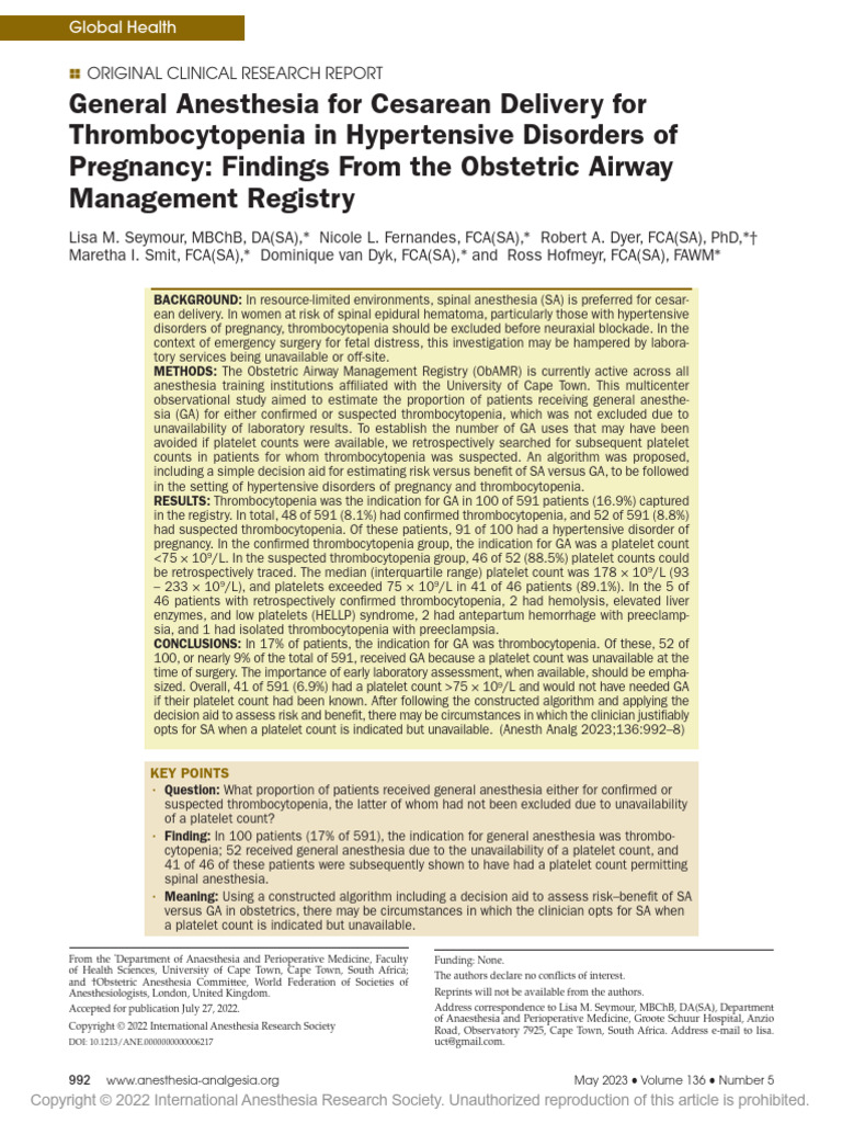 General Anesthesia For Cesarean Delivery For Thrombocytopenia in ...