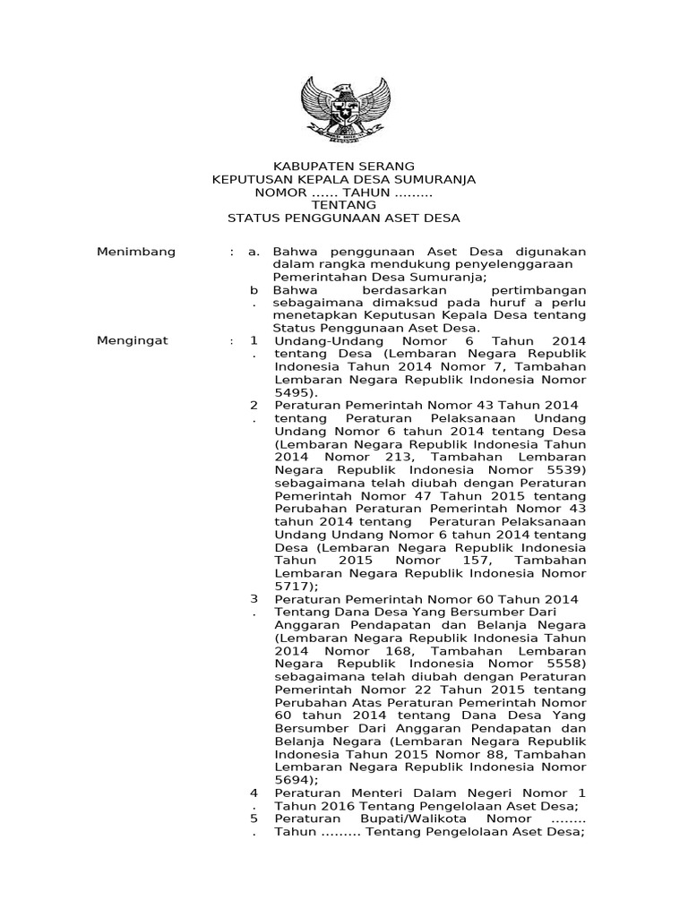 Format Keputusan Kepala Desa tentang Penetapan Status Penggunaan Aset ... Format Keputusan Kepala Desa tentang Penetapan Status Penggunaan Aset ...