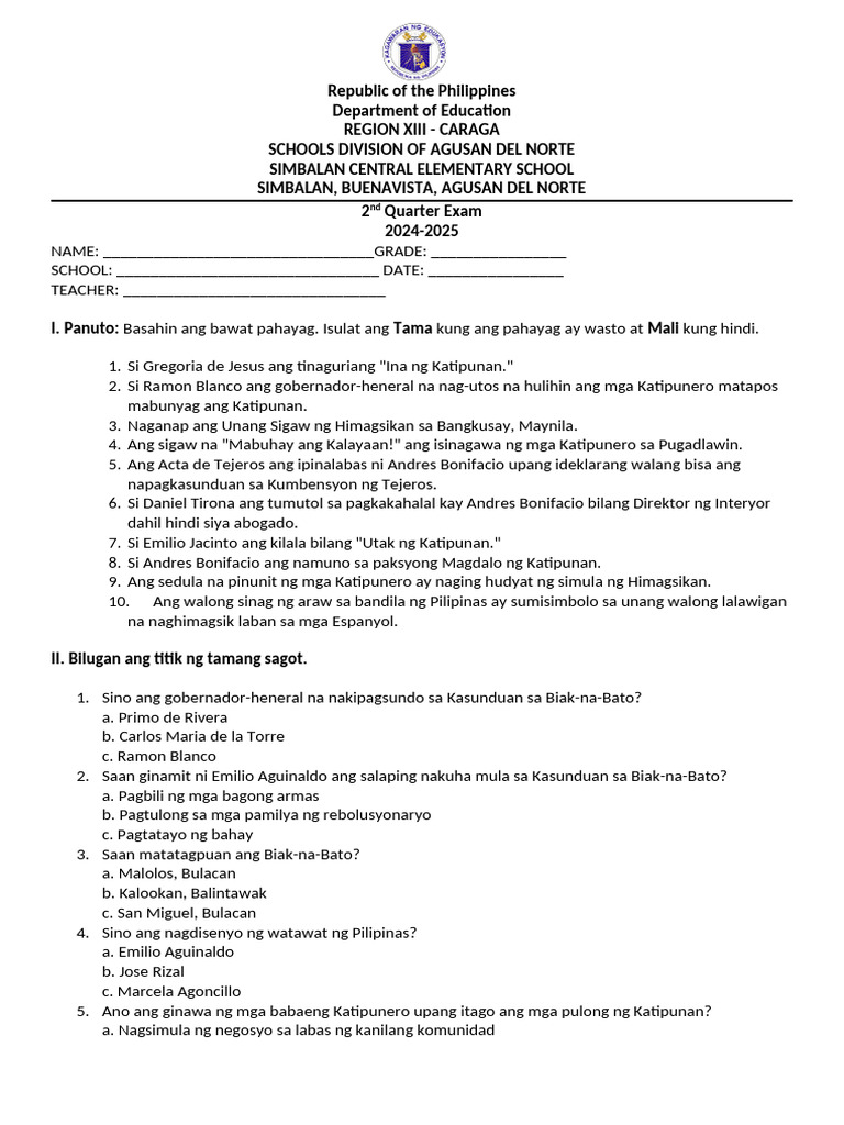 AP Q1 - Exam Grade 6 Week 6-9 | PDF