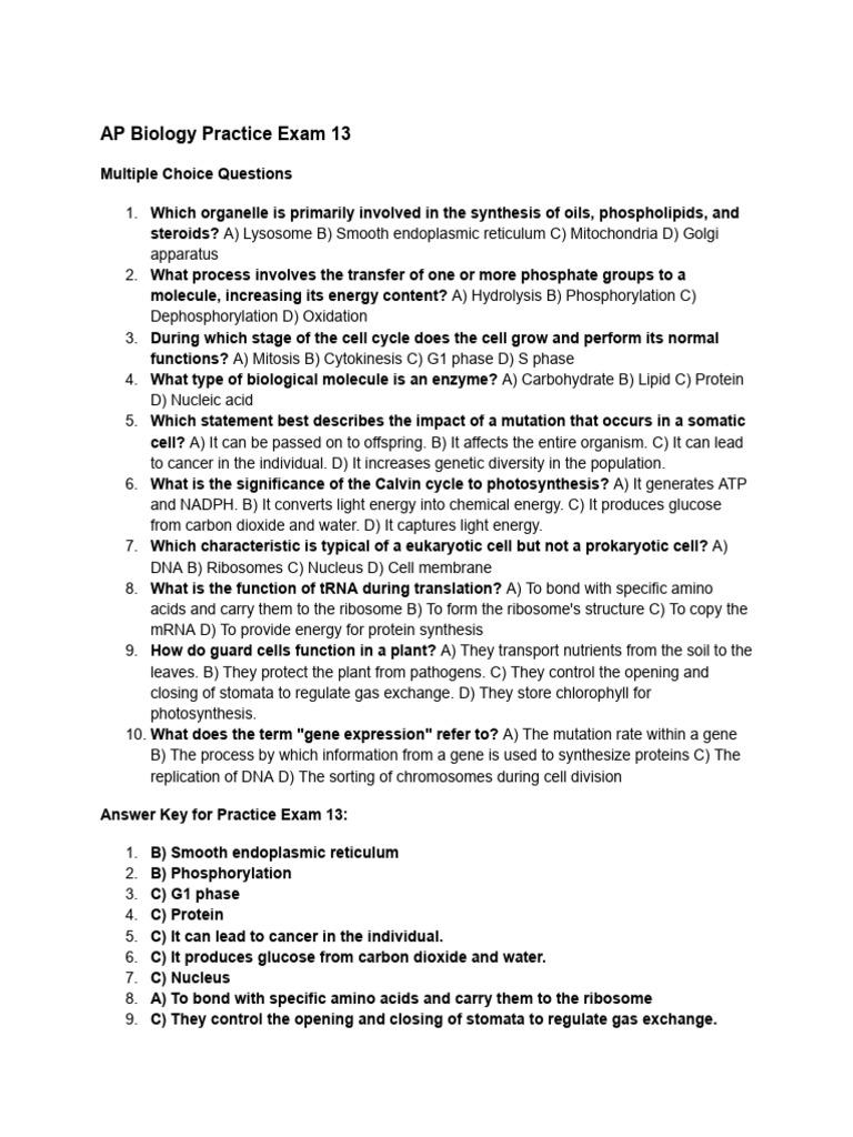 AP Biology Practice Exam 13 | PDF | Cell (Biology) | Biology