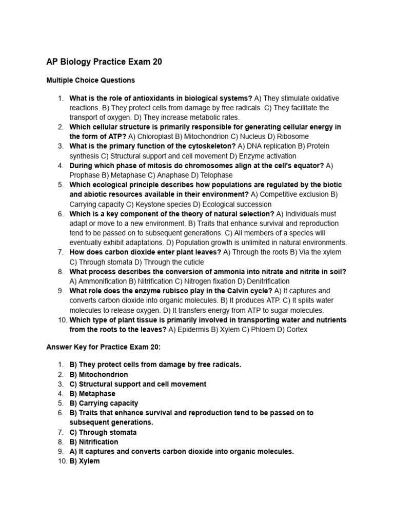 AP Biology Practice Exam 20 | PDF | Biology | Cell (Biology)