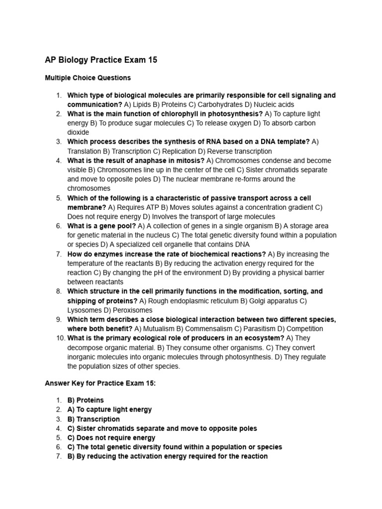 AP Biology Practice Exam 15 | PDF | Biology | Cell (Biology)