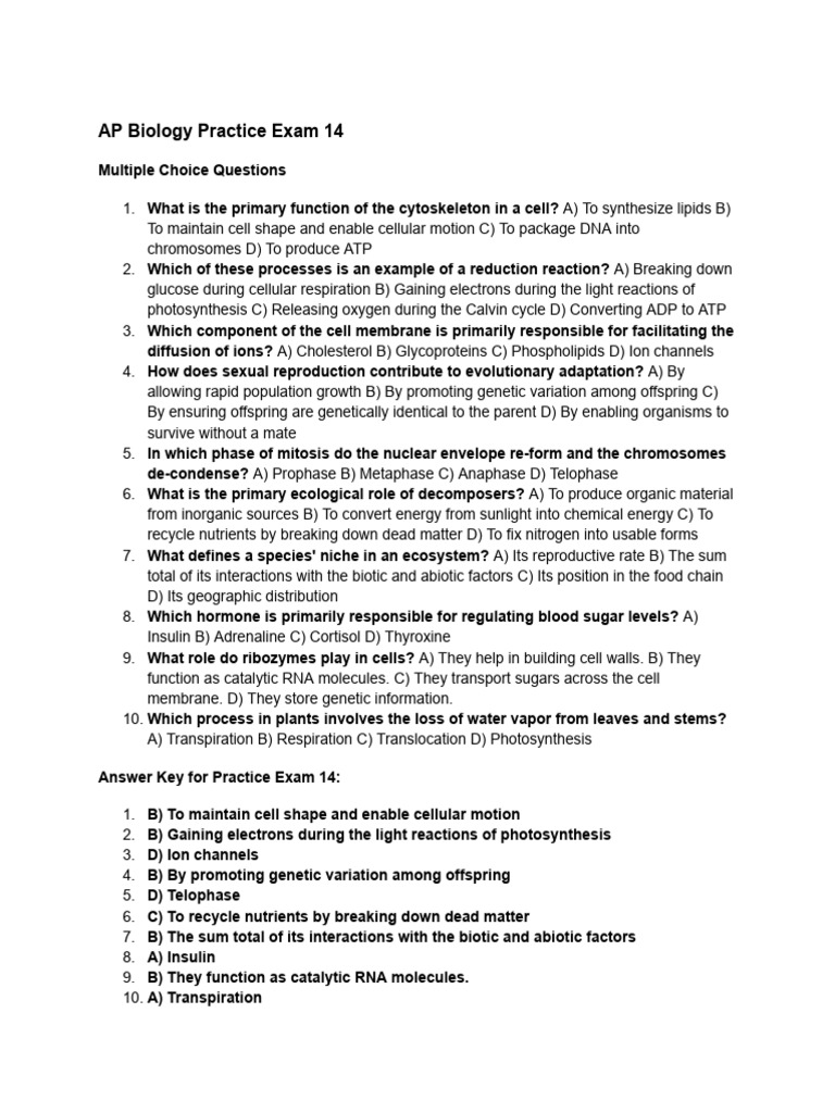 AP Biology Practice Exam 14 | PDF | Cell (Biology) | Biology