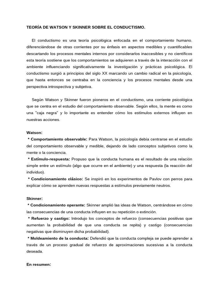 Teoría de Watson y Skinner | PDF | Behaviorismo | Sicología