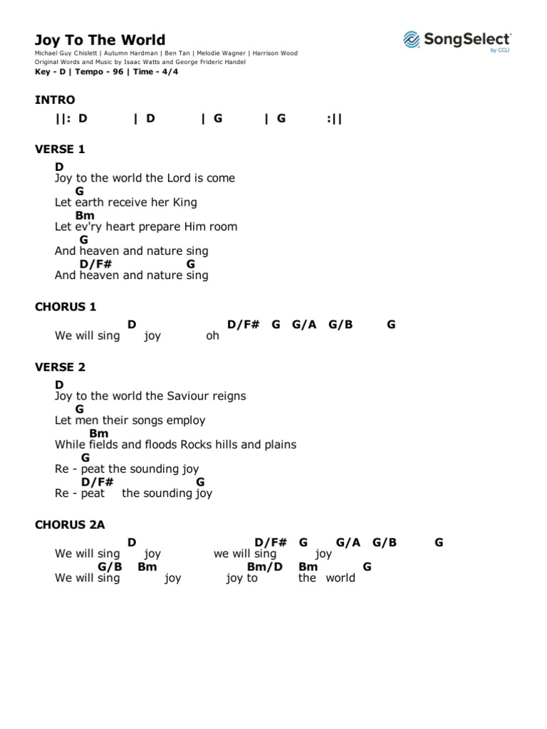 Joy To The World - SongSelect Chart in D | PDF | Joy To The World | Songs
