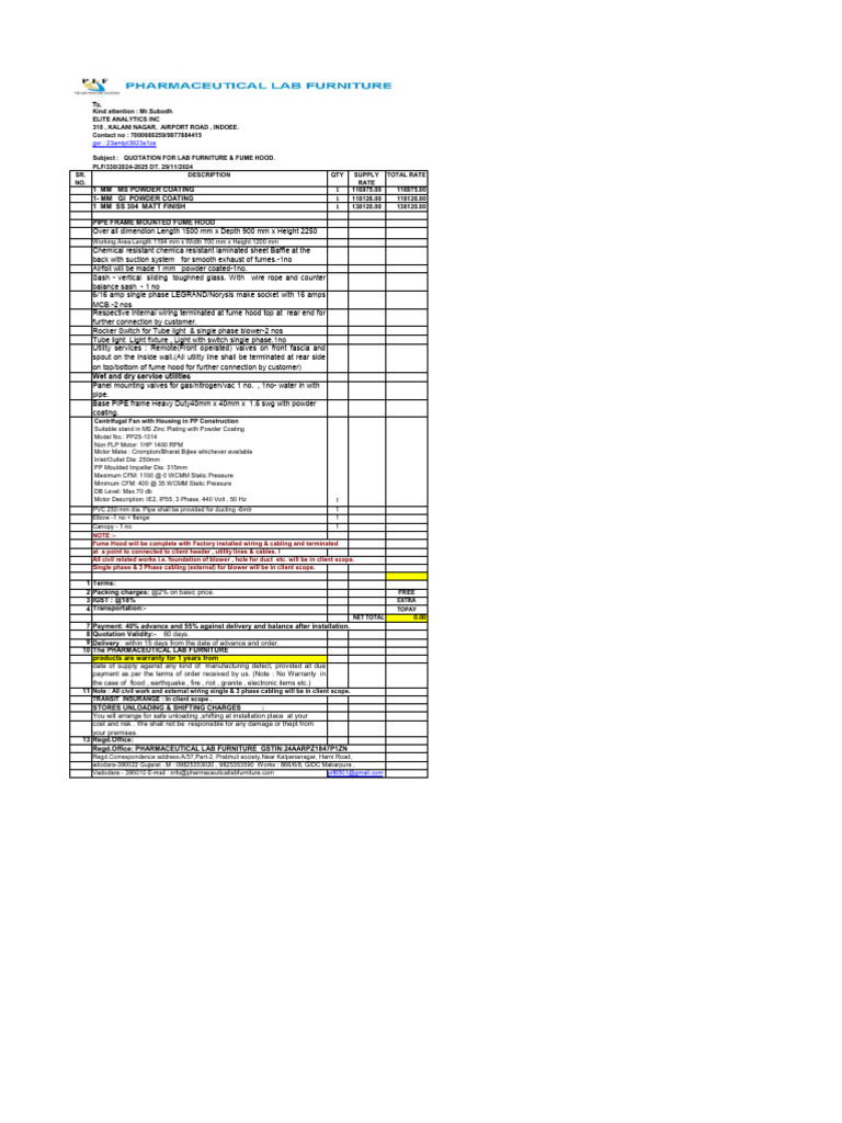 PLF-0330- QUOTATION FOR - ELITES | PDF | Manufactured Goods | Equipment