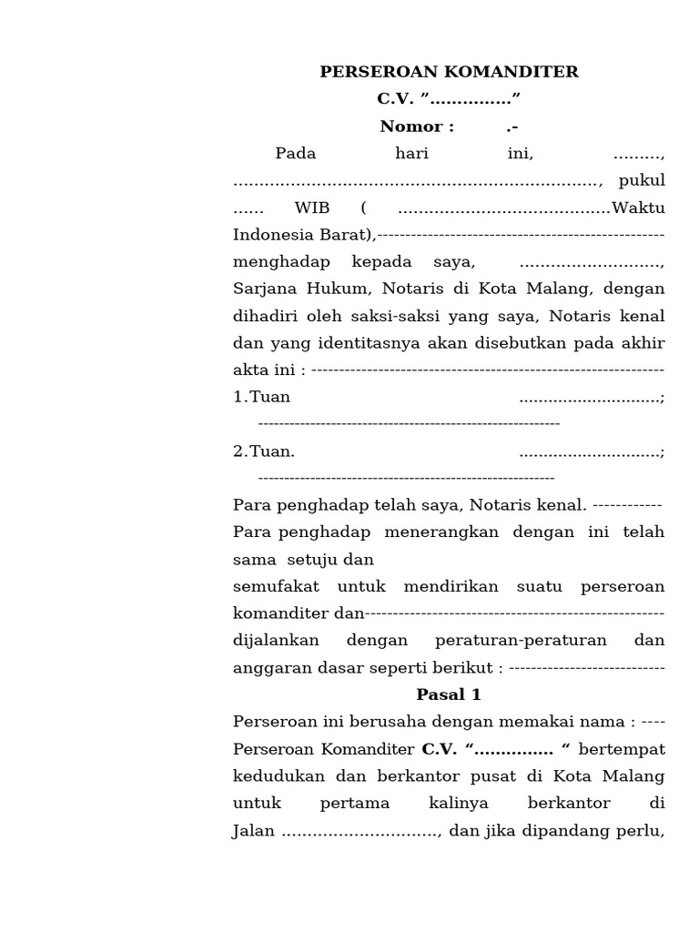 1. CONTOH AKTA PENDIRIAN CV | PDF