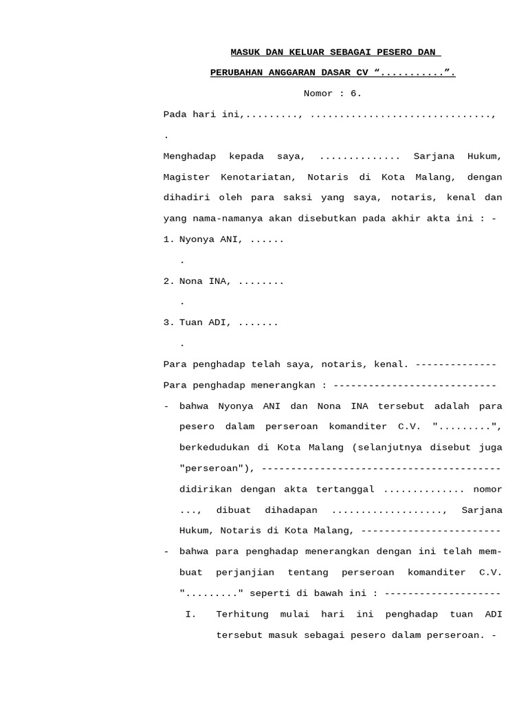 Contoh Akta Masuk Dan Keluar Sebagai Persero CV | PDF