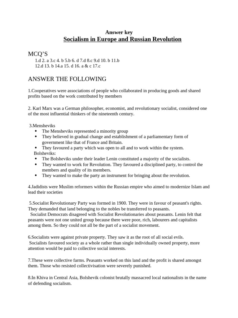 Answer Key WORKSHEET RUSSIAN REVOLUTION | PDF | Socialism | Vladimir Lenin