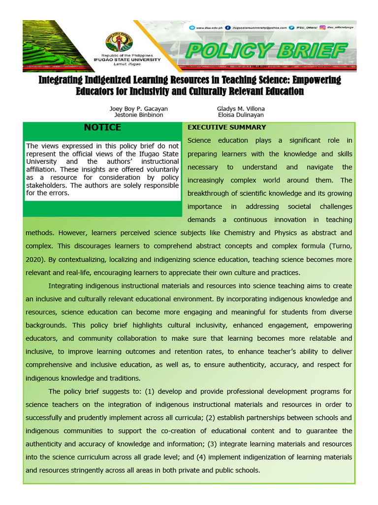 Gacayan - Binbinon & Group - Policy Brief - Final | PDF | Teachers | Pedagogy