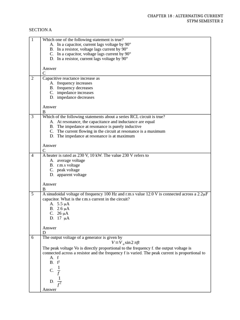 Alternating Current - Answer | PDF | Electrical Impedance | Capacitor