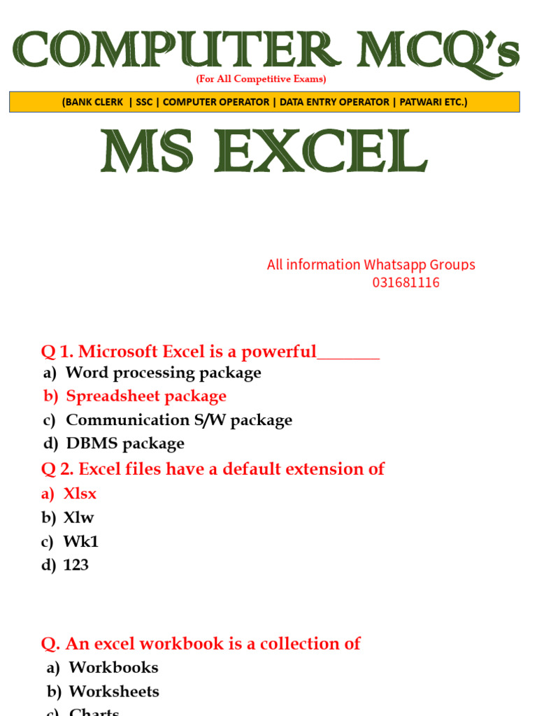 Computer MS Excel Important MCQs | PDF | Microsoft Excel | Spreadsheet