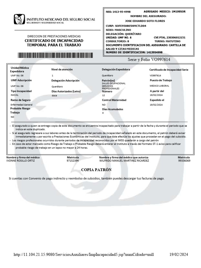 Certificado de Incapacidad Temporal IMSS | PDF