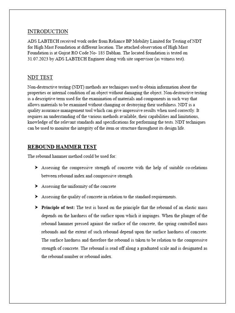 High Mast Foundation NDT Results | PDF | Nondestructive Testing | Hardness