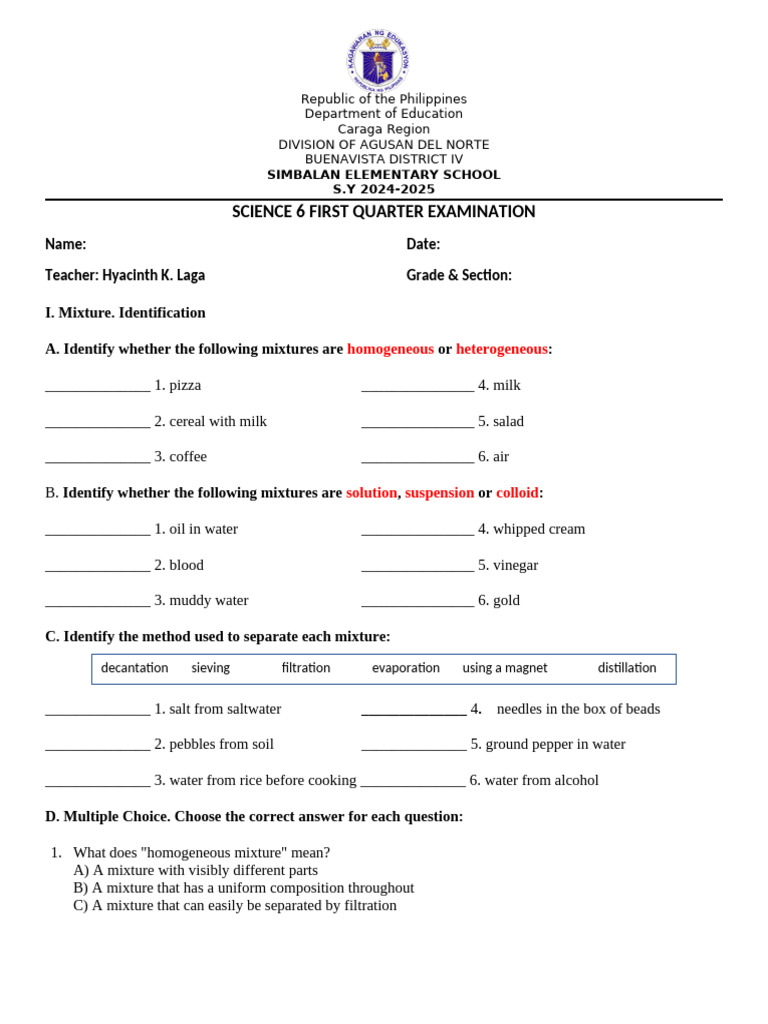 Science 6 1st Quarter Exam | PDF | Mixture | Chemistry