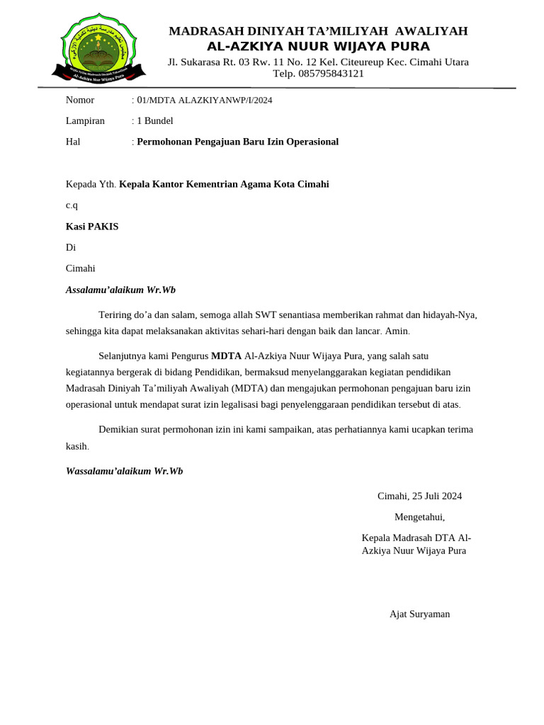 Surat Pengajuan MDTA | PDF