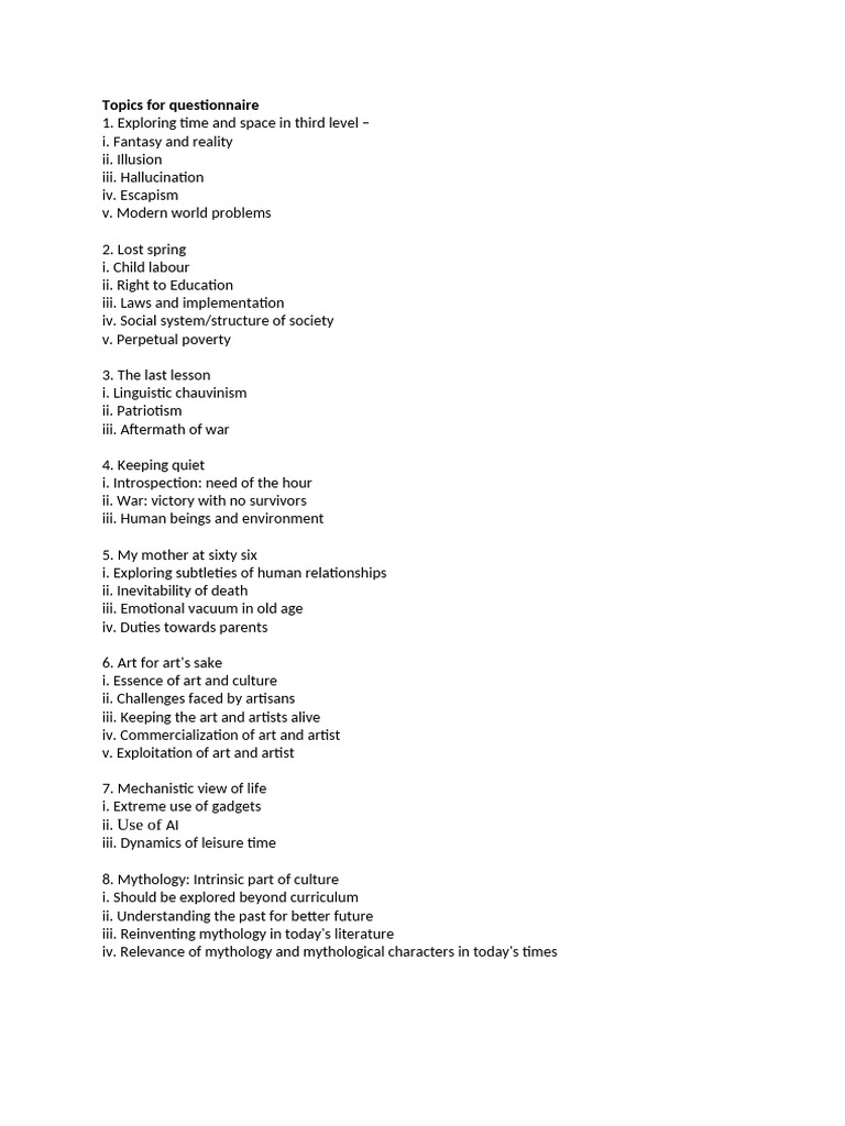 Comprehensive Questionnaire Topics Guide | PDF