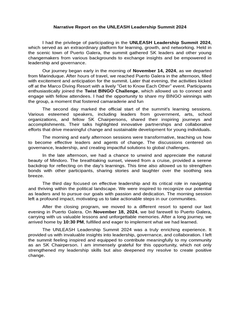 Narrative Report On The UNLEASH Leadership Summit 2024 | PDF ...