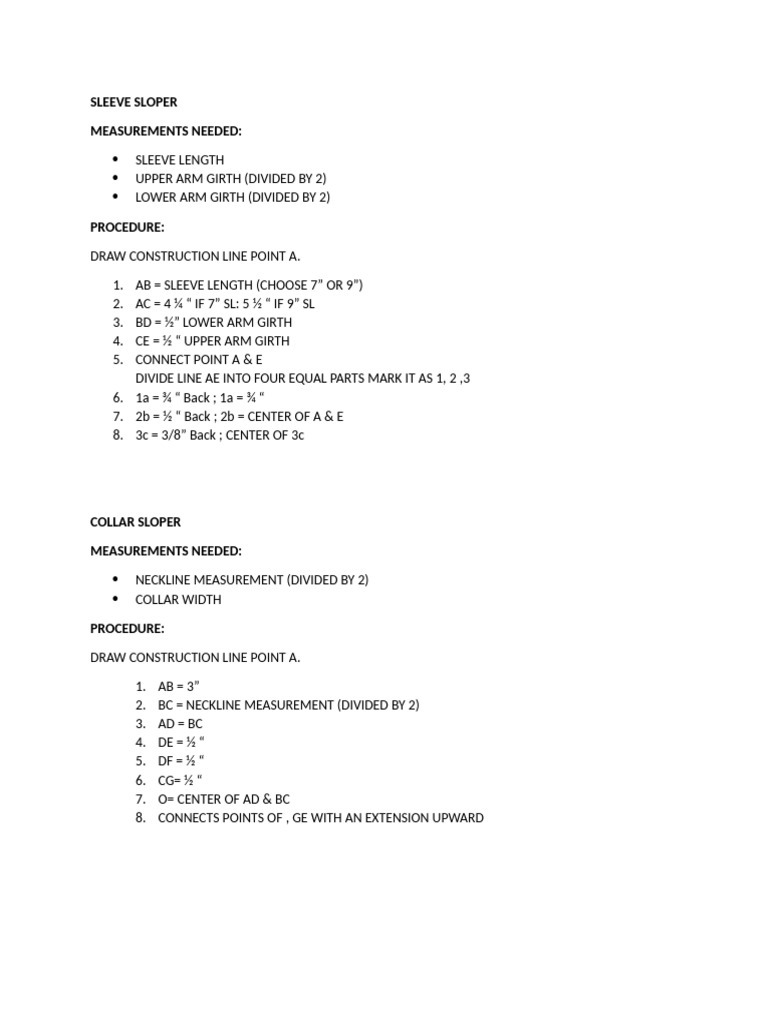 Sleeve and Collar Sloper Measurements Guide | PDF