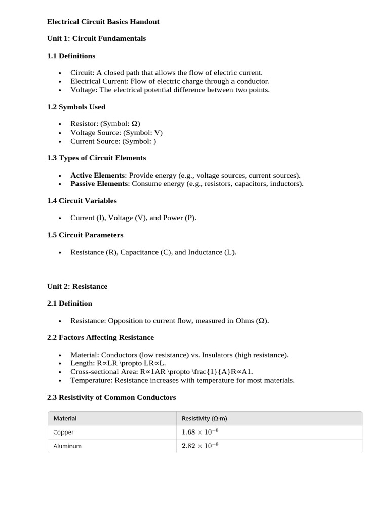 Electrical Circuit Basics Handout | PDF