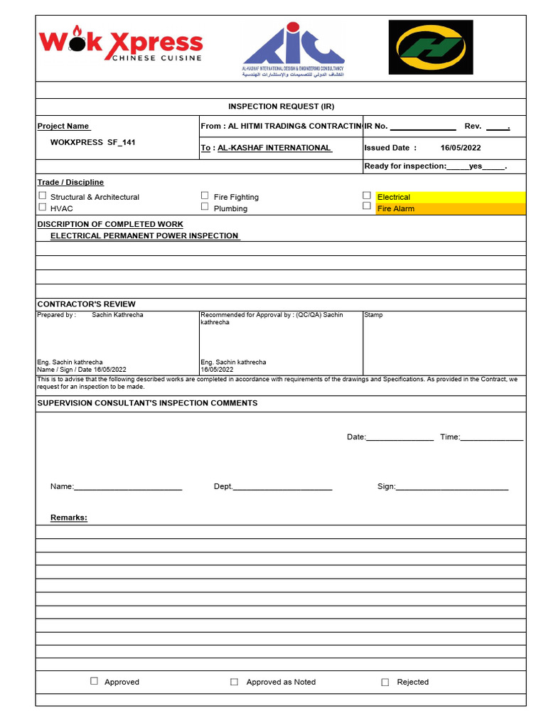 Wok Inspection Electrical Permanent Power | PDF